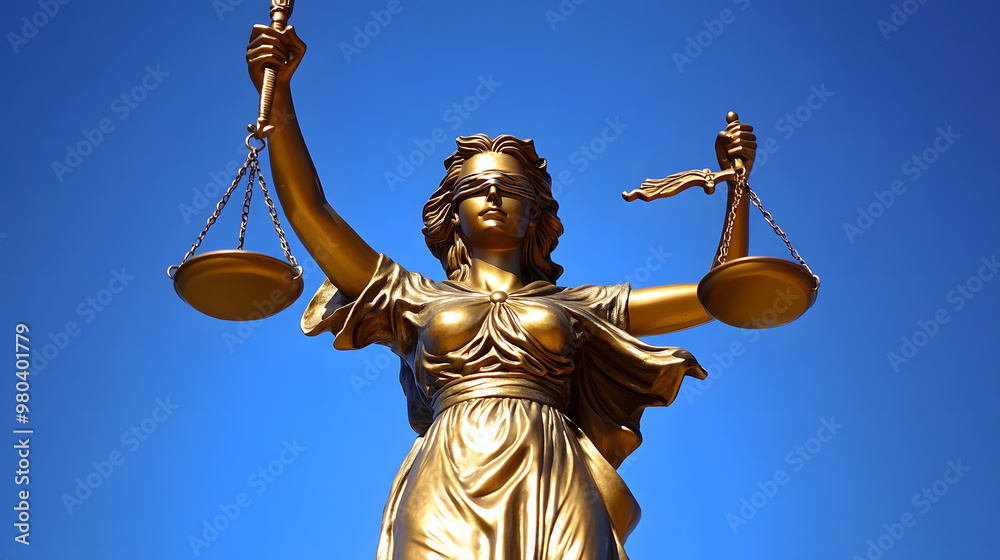 A statue of Lady Justice stands isolated, blindfolded, holding scales ...