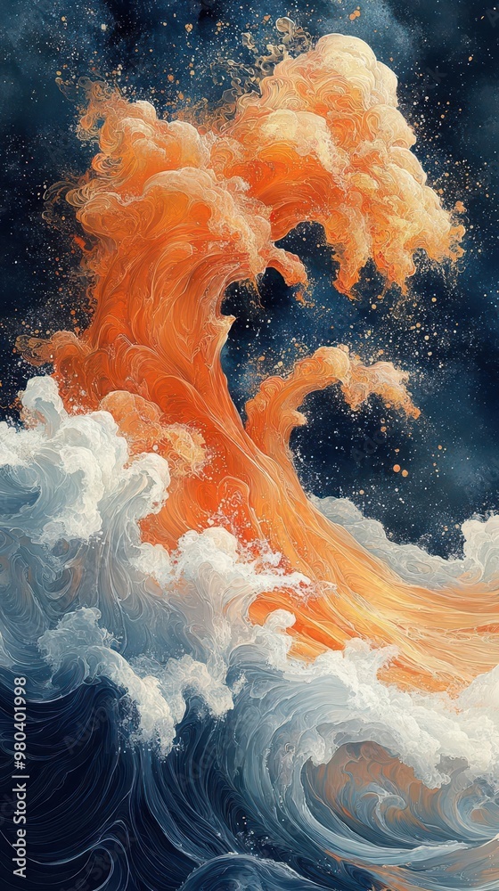 modern ukiyoe waves orange and blue color scheme white foam accents ...