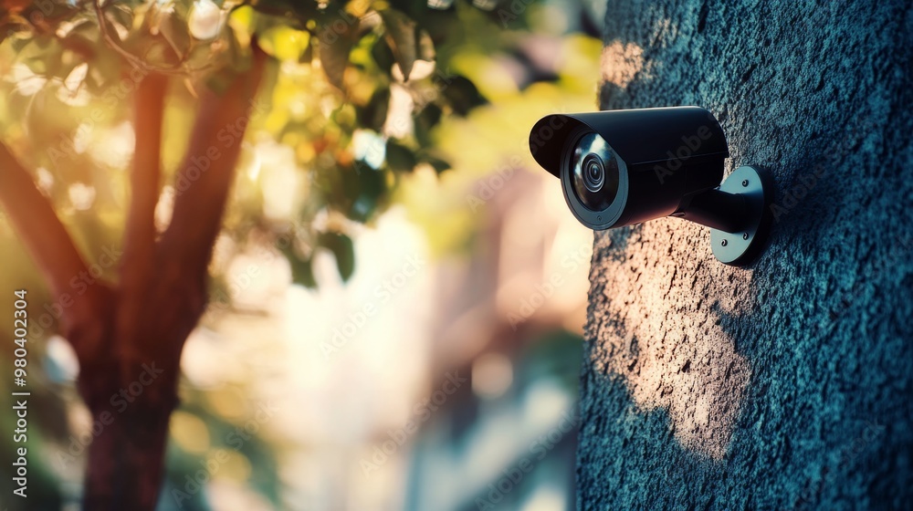 A modern surveillance camera is mounted on a textured wall, angled ...