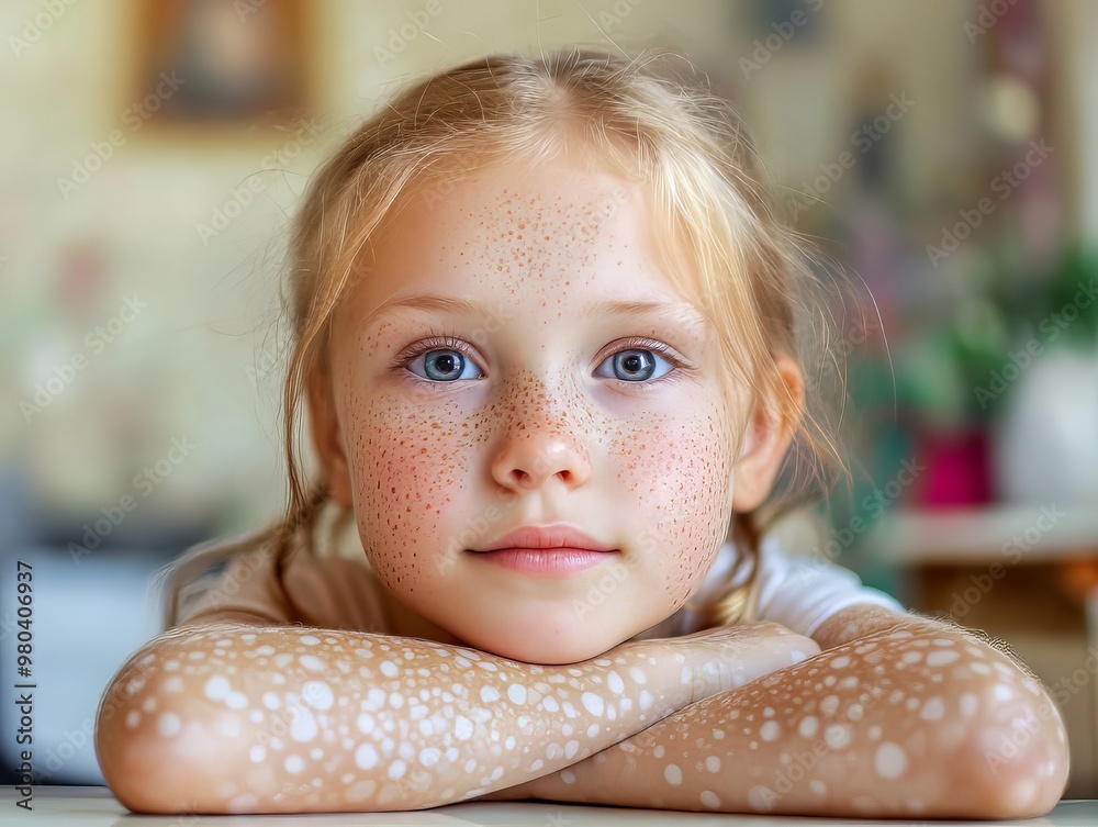 little caucasian girl with vitiligo, a skin condition that causes loss ...