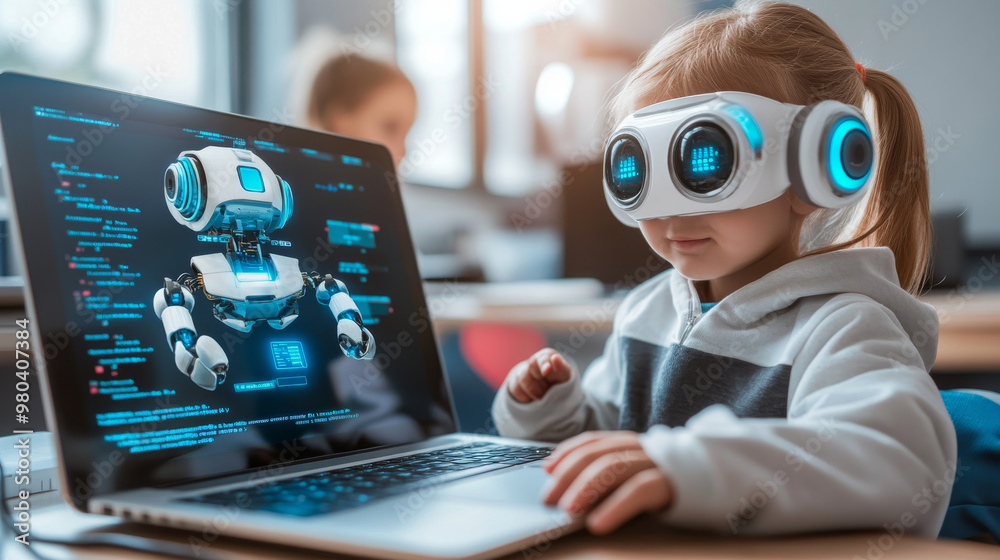 Child coding a program to control a robot on a laptop, using a phone for programming language ...