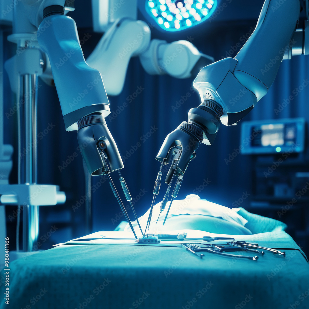 Robotic surgery:robot surgeon performs surgery on a patient lying on ...