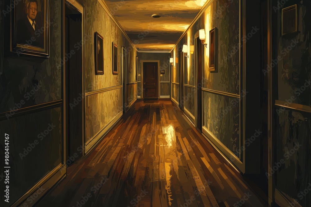 Eerie, dimly lit hallway with wooden floors and doors leading down a ...