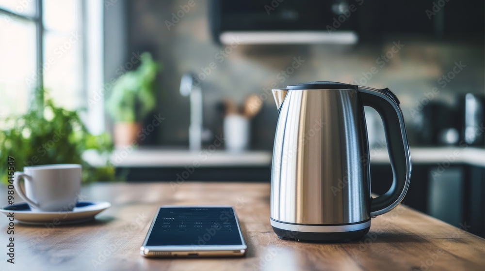 Intelligent kettle placed on the table. Mobile phone manages the smart ...