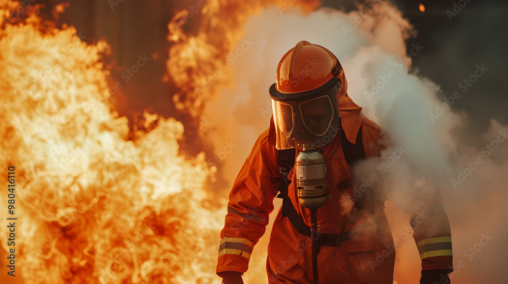 The fireman sprays water onto the flames, demonstrating quick response ...