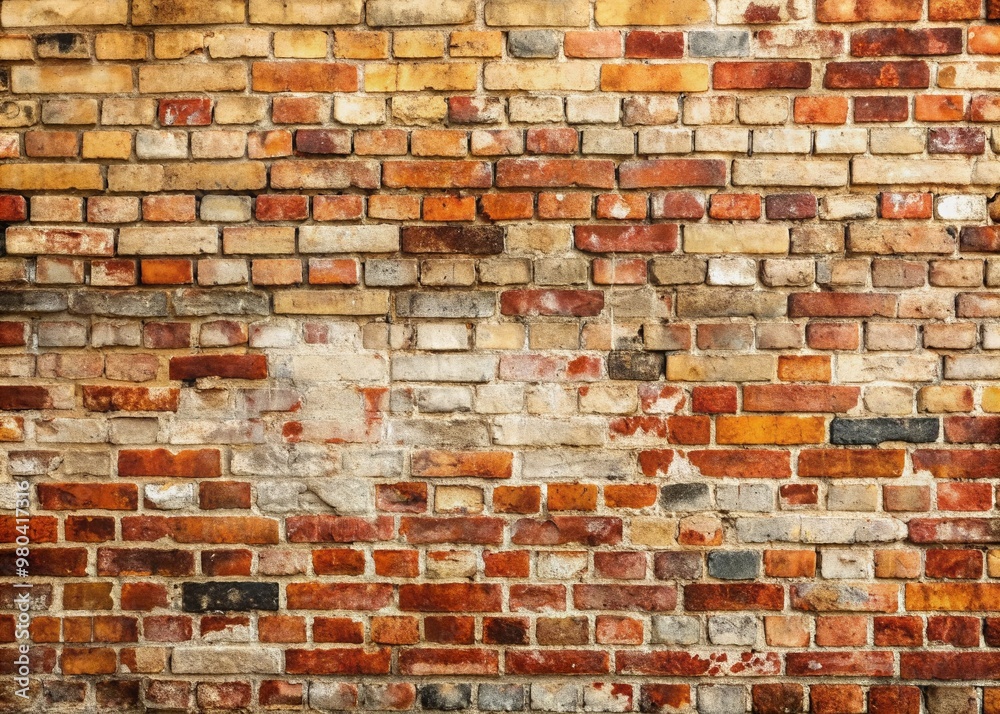 Weathered brick wall with distressed mortar joints and faded paint ...