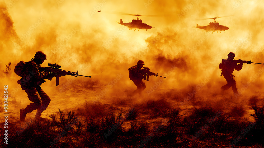 A dramatic war battle scene with soldiers in trenches, explosions ...