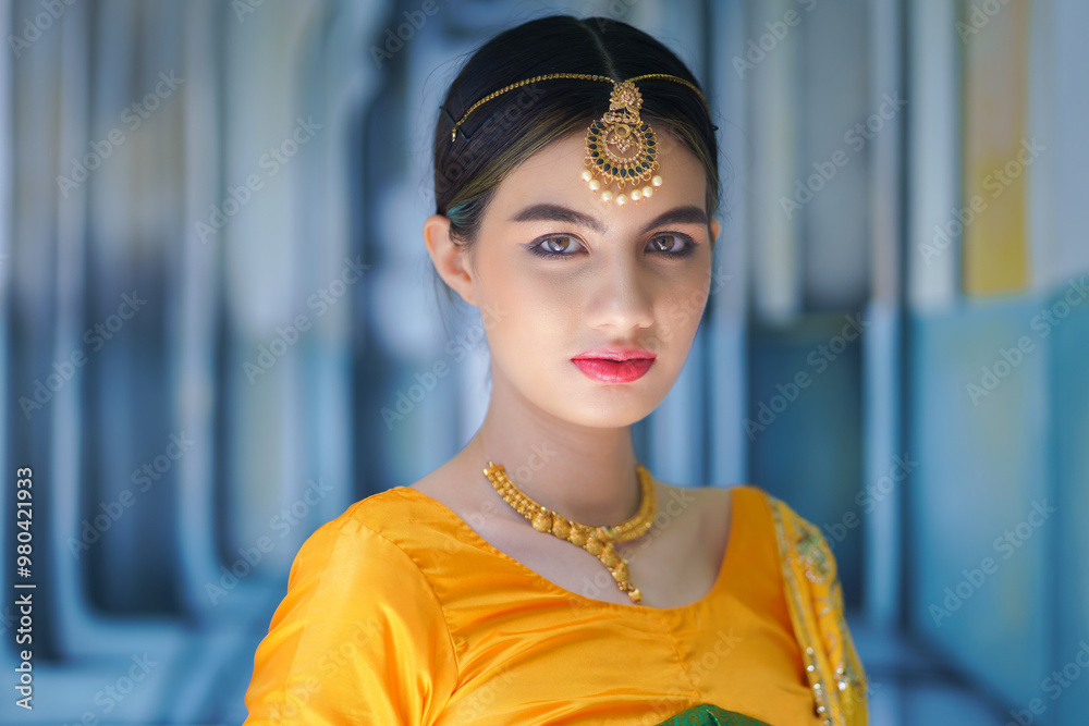 Beautiful fashionable Indian woman wearing Hindu Bride in a saree dress ...