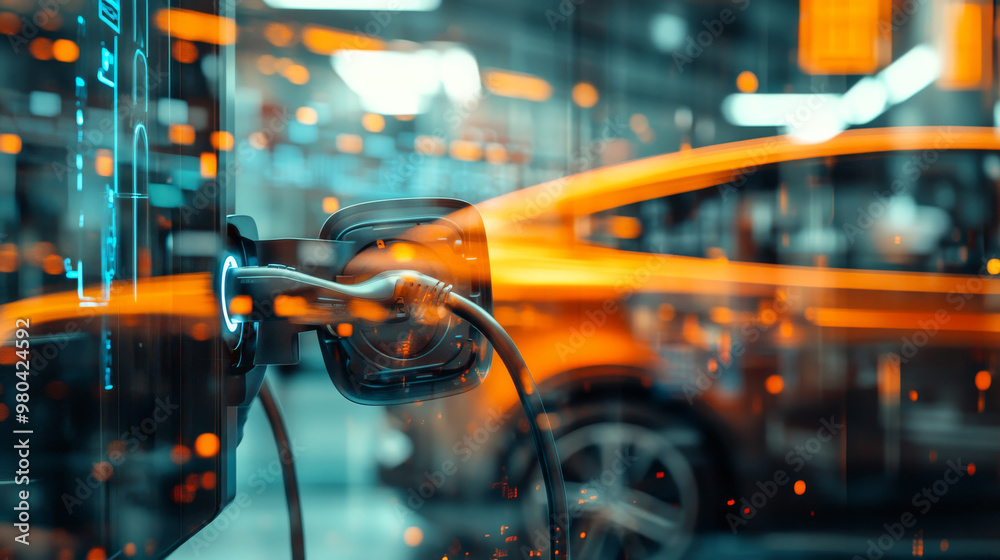 Double exposure of an electric vehicle (EV) with a power cable plugged ...