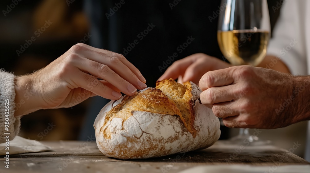Sacramental encounter: hands breaking bread in a communion-themed scene ...
