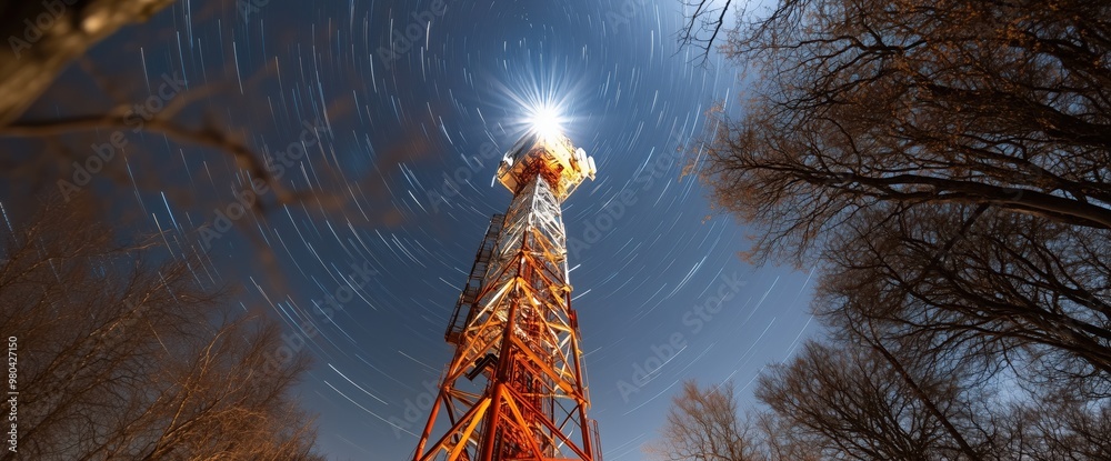 Starry night sky with illuminated red radio tower for space and ...
