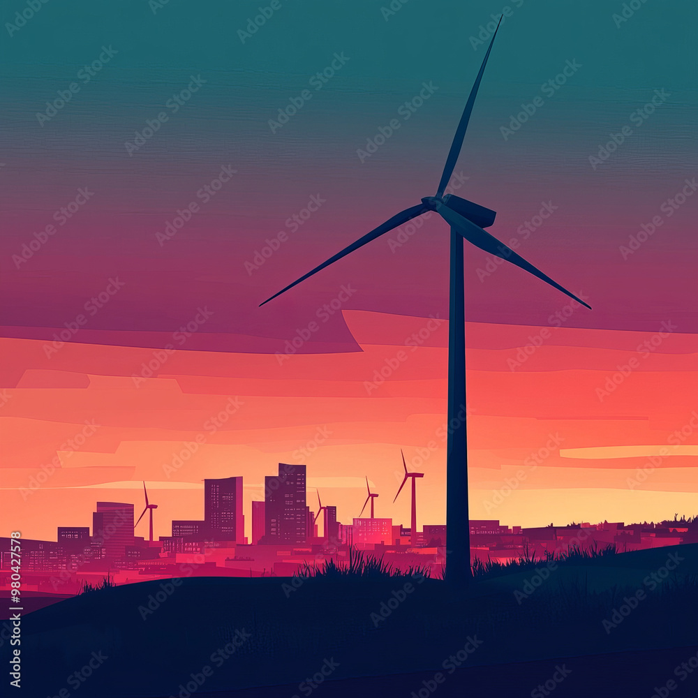 A detailed view of a wind turbine field at dusk, with the outline of a ...
