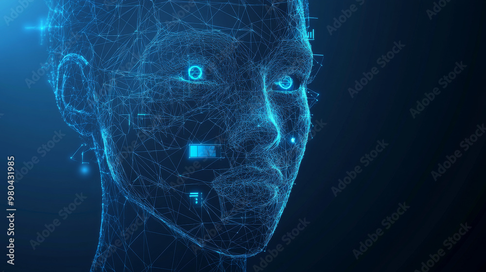 Face recognition system concept featuring a low polygon human face scan ...