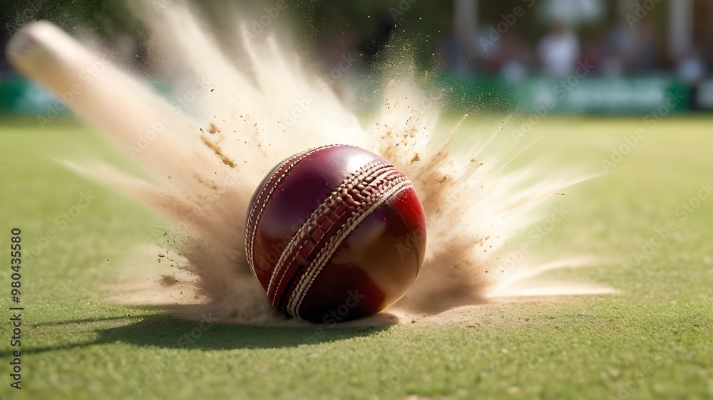Cricket ball striking the pitch, close-up, dust particles erupting ...