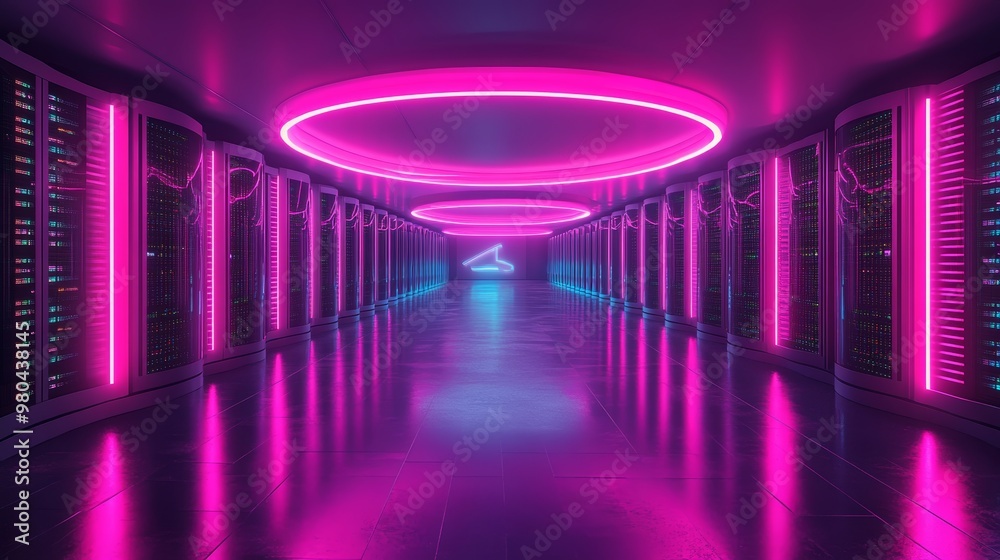 Futuristic server room in a circular formation, with illuminated ...