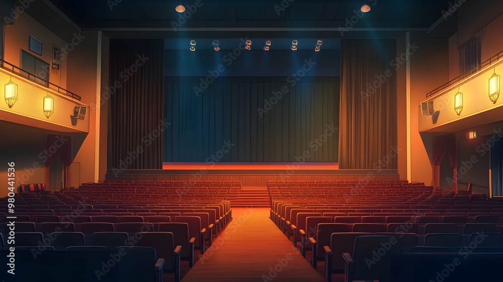 Illustration of a 2D background showing a school auditorium with rows ...
