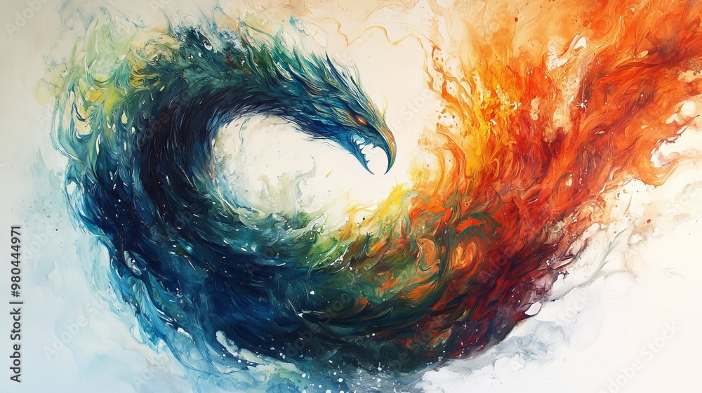 An abstract ouroboros painted with flowing watercolor strokes, blending ...
