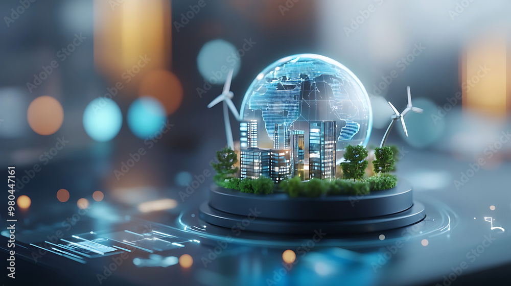 Blueprint overlaying a 3D model of a globe with elements of a thriving ...