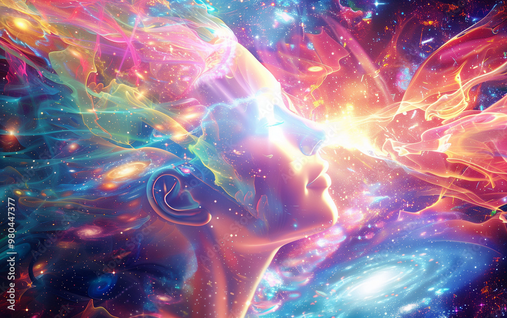 A beautiful divine being with nebulae hair and glowing eyes, floating ...