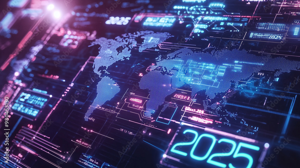 text "2025" at the forefront, styled in futuristic font with light ...