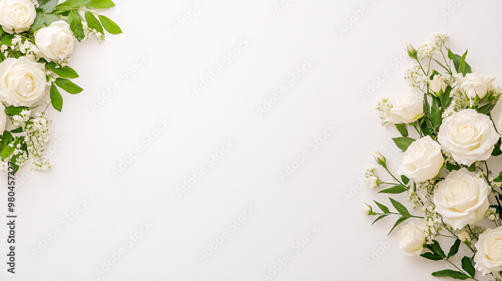 A pure white page with a gentle cascade of one hundred white roses and ...