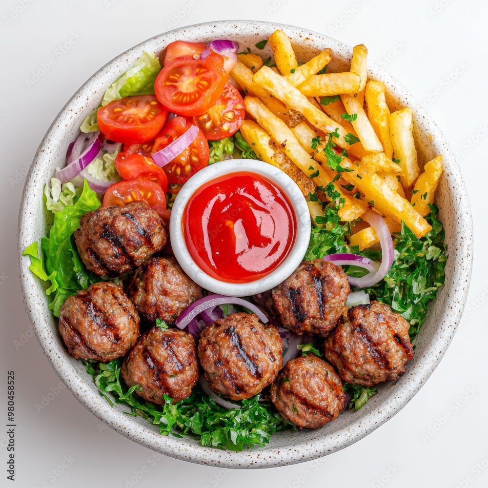 amazing food bowl, stuffed with grilled meat balls, with sliced iceberg ...