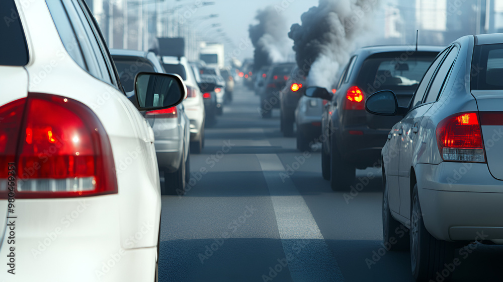 Car emitting exhaust in a traffic jam under a smog-filled sky ...