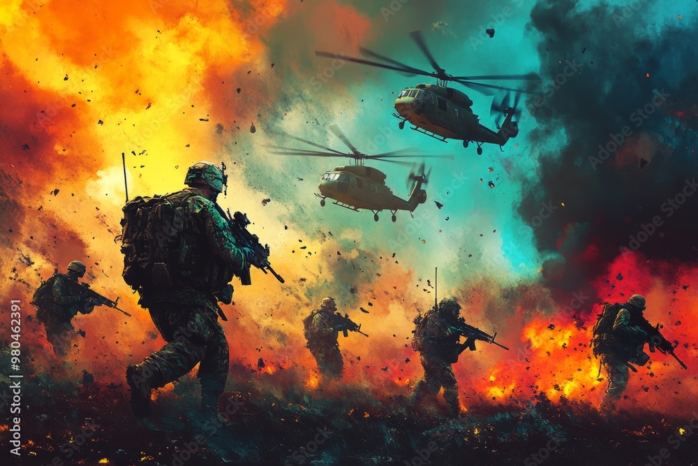 Dynamic battle scene with soldiers in action. Explosions and ...