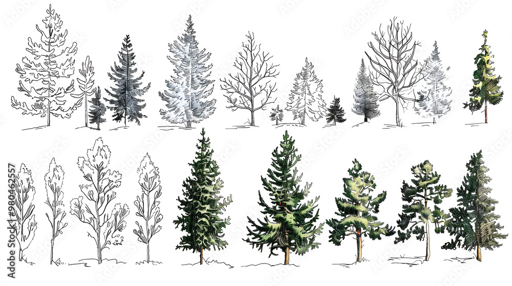 Set of coniferous and deciduous trees for architecture and landscape ...