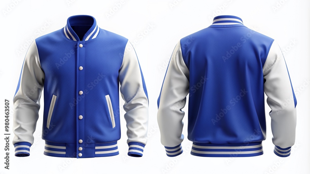 blue and white varsity jacket mockup on white background. front and ...