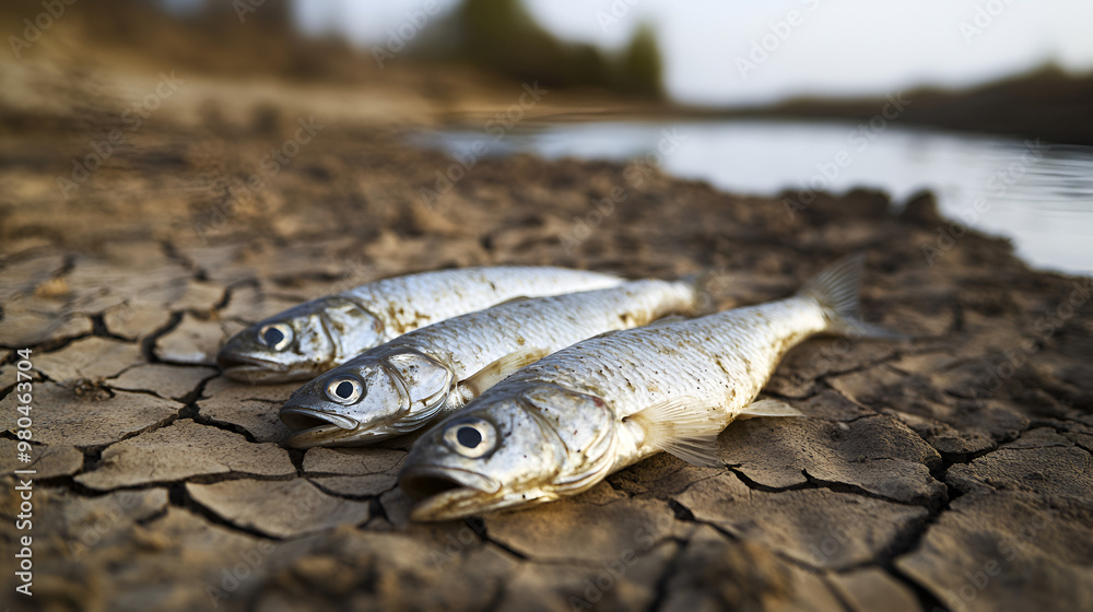 Dying fish in a dried-up riverbed, visualizing the environmental impact ...