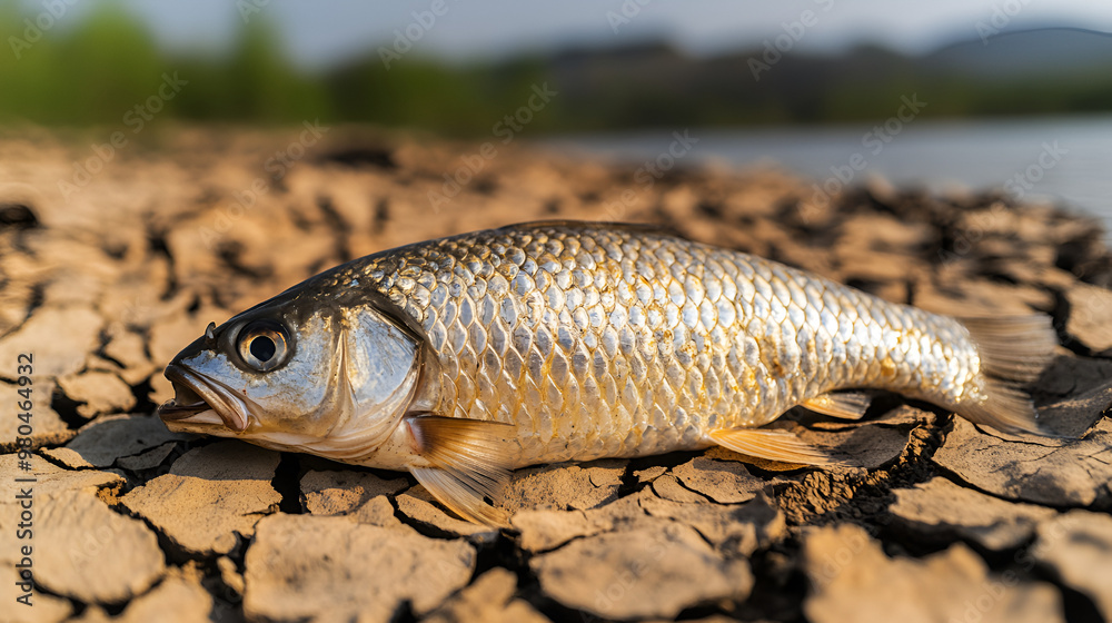 Dying fish in a dried-up riverbed, visualizing the environmental impact ...