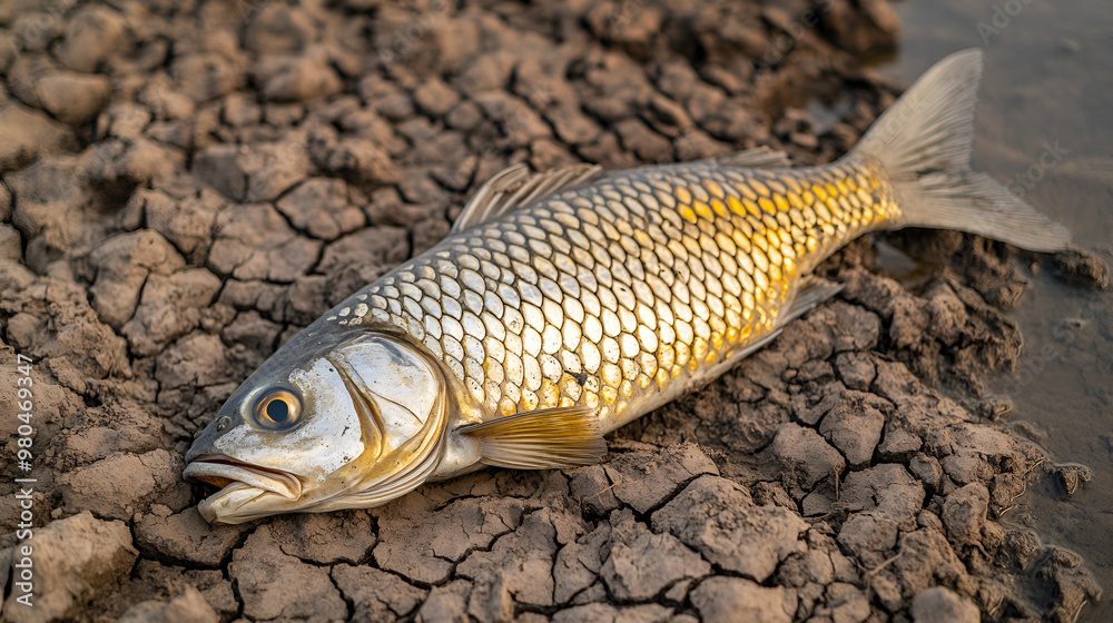 Dying fish in a dried-up riverbed, visualizing the environmental impact ...