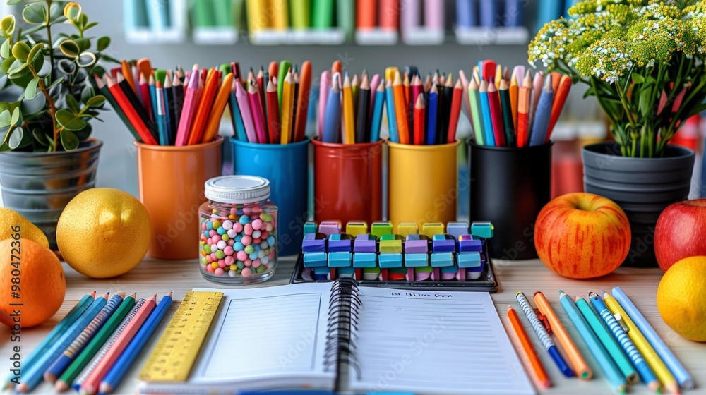 Organized teacher's desk featuring a variety of school supplies ...