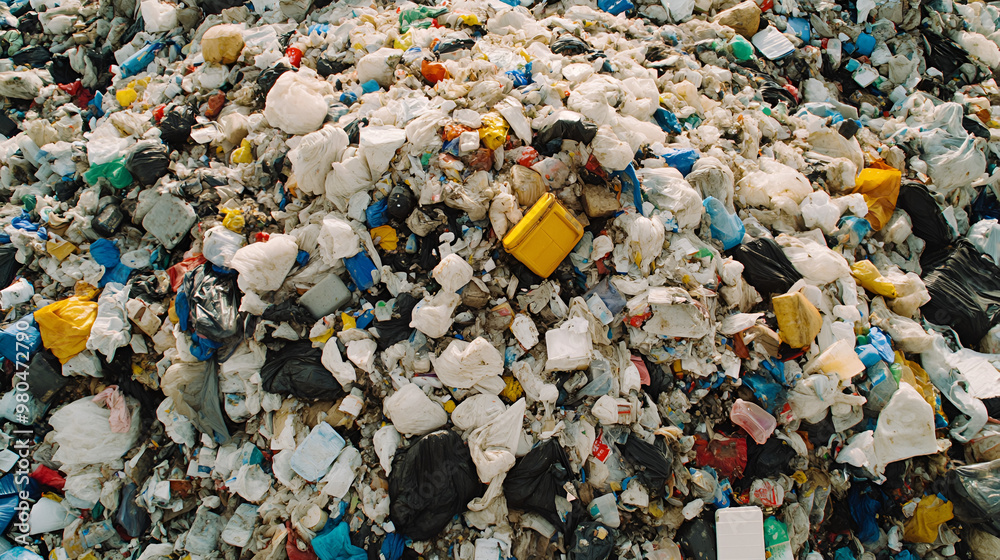 An overflowing landfill site with mountains of trash, visualizing the ...