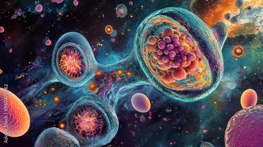 A vibrant illustration of the cell division process in a eukaryotic ...
