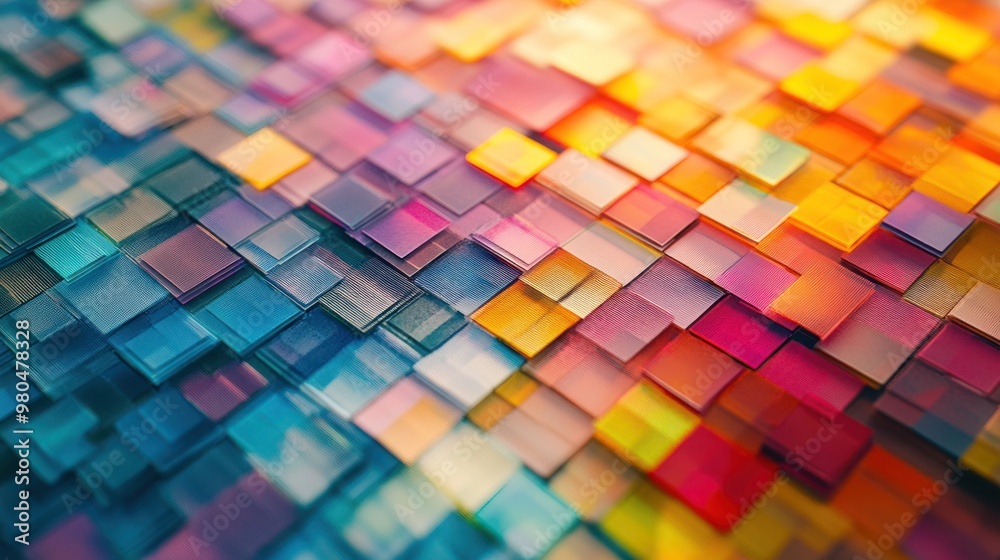 Abstract digital pattern with pixelated squares in a spectrum of colors ...