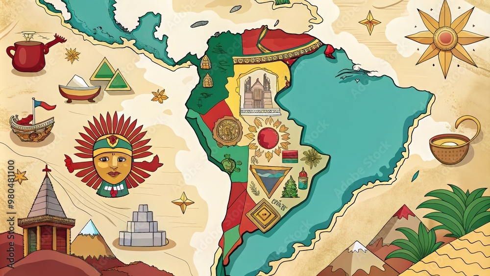 Illustrated Map of South America with Cultural Symbols ilustración de ...