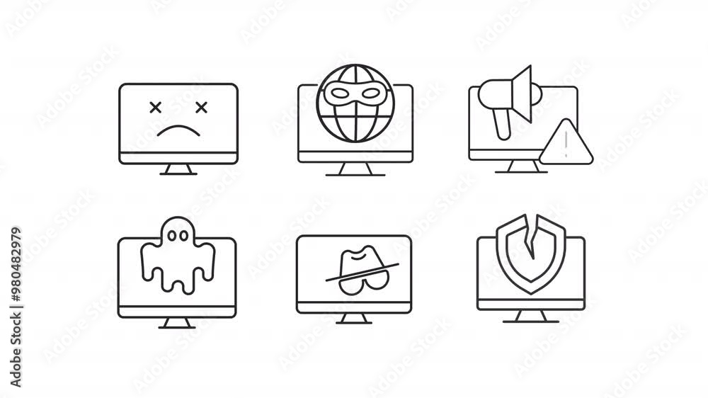 Malware types animation set. Pc hacking animated line icons. Phishing ...