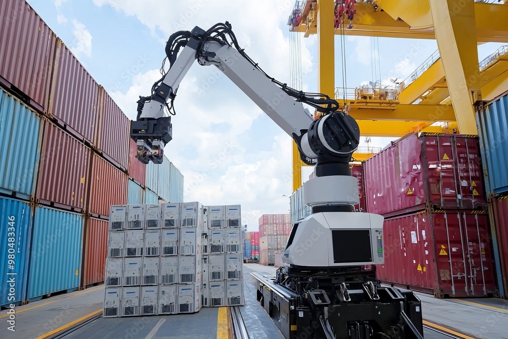A Robotic Arm Assists In Loading And Unloading Cargo At A Port. The ...