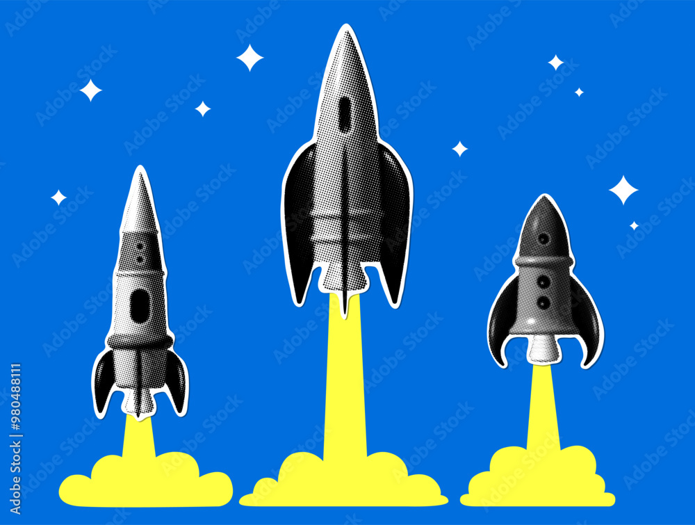 Rocket launch. Three halftone rocket ships take off. Success concept ...