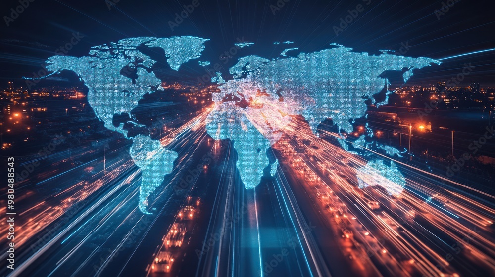 Digital world map overlayed on a busy highway, illustrating the ...
