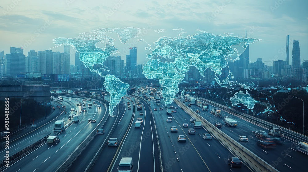 Digital world map overlayed on a busy highway, illustrating the ...