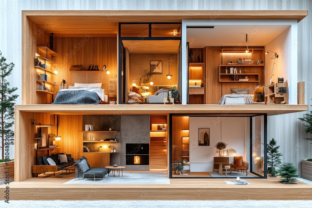 Cutaway 3D model of a modern house with open rooms and wood accents ...