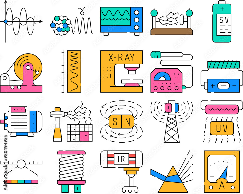 Electromagnetic Science Physics Icons Set Vector. Electromagnetic And ...