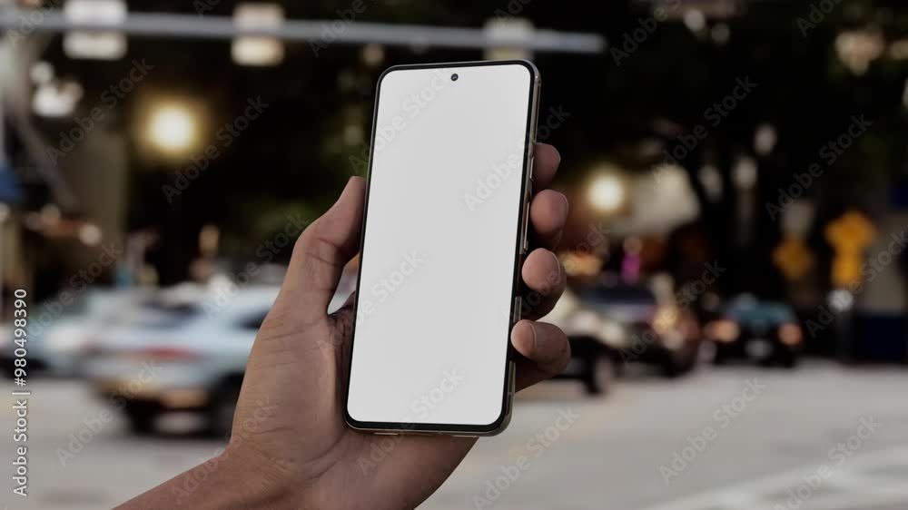 Asian middle aged male using smartphone with a blank white screen. Maps ...