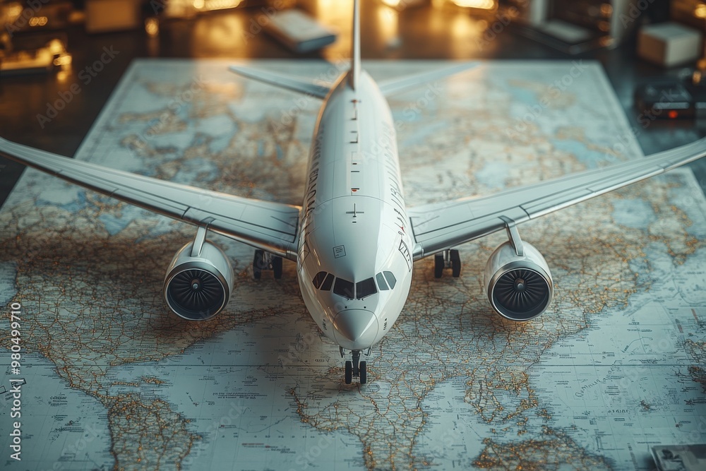 Detailed model airplane on map, highlighting a passion for travel and ...
