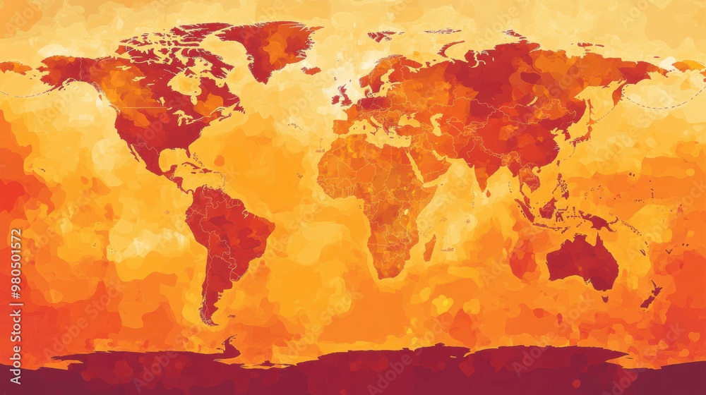 Digital map of world highlighting hot zones with vibrant orange and red ...