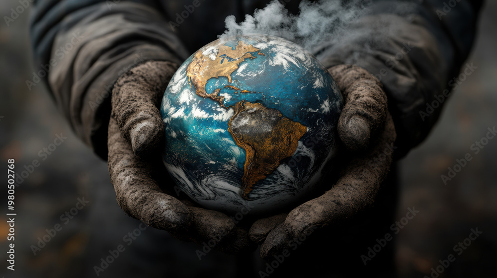 image depicts hands holding globe that appears to be covered in oil and ...