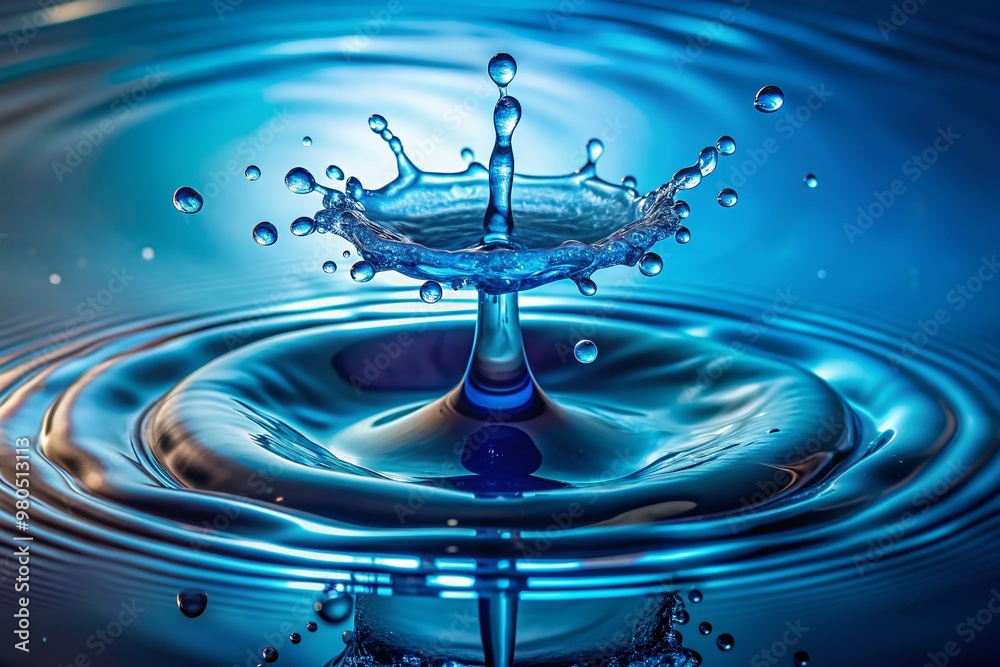 Vibrant blue water droplet collide with transparent surface, producing ...